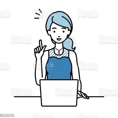 랩톱 컴퓨터를 사용하여 옷을 입은 한 여성이 책상에서 손짓을 가리키며 아이디어를 얻습니다 가리키기에 대한 스톡 벡터 아트 및