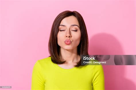 Portrait Of Gorgeous Person Closed Eyes Pouted Lips Kiss Isolated On