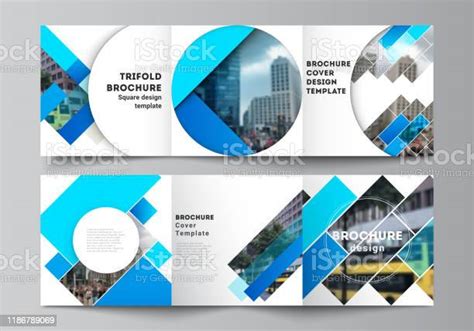 사각형 형식의 최소 벡터 편집 레이아웃은 삼중 브로셔 전단지 잡지에 대한 디자인 템플릿을 다룹니다 사각형과 추상 기하학적 패턴 창조적 인 현대 파란색 배경 3단 브로슈어에
