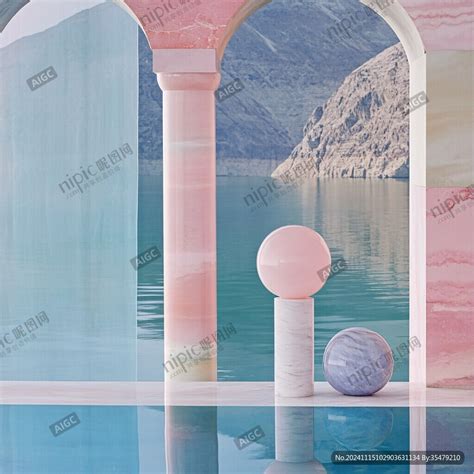 Ai创作图大型粉红色球体雕塑 水边装置艺术设计 浪浸粉色系美陈 3d圆球几何装饰画 超现实泳池 超现实的游泳池 球状装饰物品美陈 色系美陈 湖边玻璃钢铁装置设计 海岛景区装置 粉蓝球体 意式极