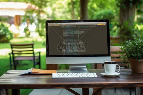 公园桌子上带有编程语言代码的计算机显示器高清图片下载 正版图片600200977 摄图网