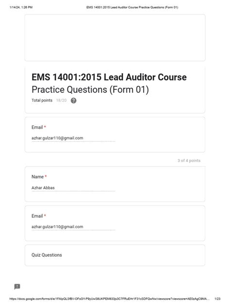 Ems 14001 2015 Lead Auditor Course Practice Questions Form 01 Pdf