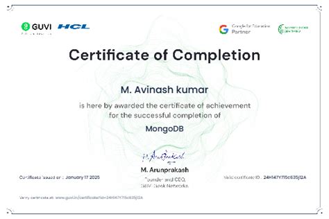 M Avinash Kumar On Linkedin Guvi Certificate
