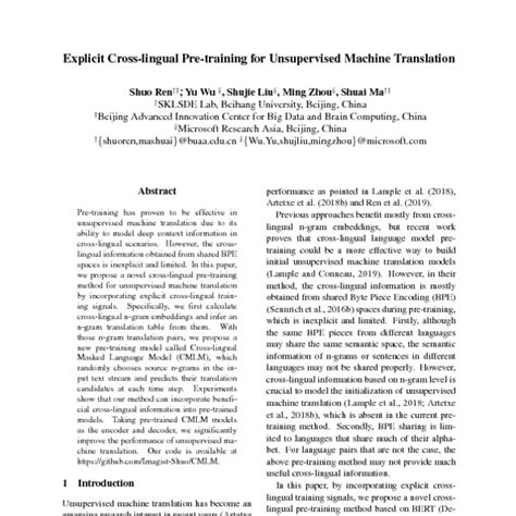 Explicit Cross Lingual Pre Training For Unsupervised Machine Translation Acl Anthology