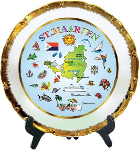 Decorative Rimmed Plate St Maarten Blue Map Souvenir Gift Plate With Display Stand Inch