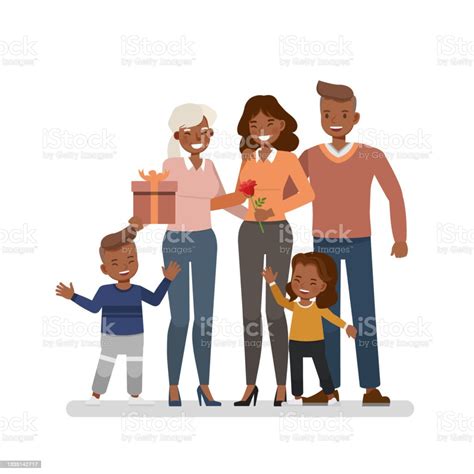 행복한 가족 캐릭터 벡터 디자인 할머니에게 선물 상자를 주는 아버지 어머니 아들과 딸 만화에 대한 스톡 벡터 아트 및 기타 이미지 만화 생일 어머니 Istock