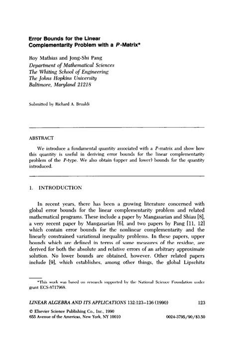 Pdf Pang J S Error Bounds For The Linear Complementarity Problem With A P Matrix Linear
