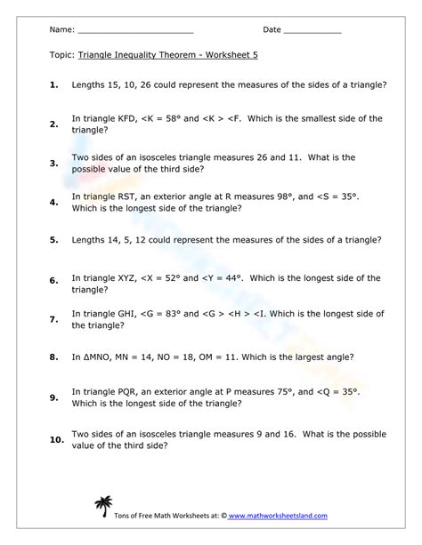 Triangle Inequality Theorem Worksheet 1 Worksheet