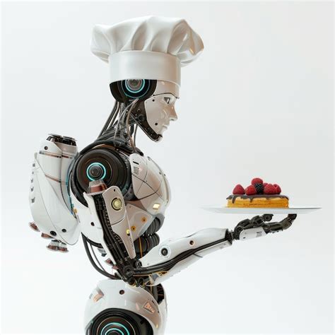 Premium Photo A Modern Robot Chef With A Tray And A Dessert Cake On It Technology Robotic