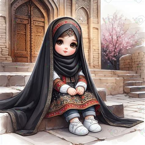 بک گراند کودکانه دختر کوچولوی چادری ایرانی نشسته روی پله عمارت قدیمی کد