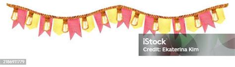 깃발과 전구는 흰색에 고립 된 완벽 한 테두리를 화환으로 장식합니다 고품질 손으로 그린 빨간색과 노란색 수채화 갈란드 장식품에 대한 스톡 벡터 아트 및 기타 이미지 Istock