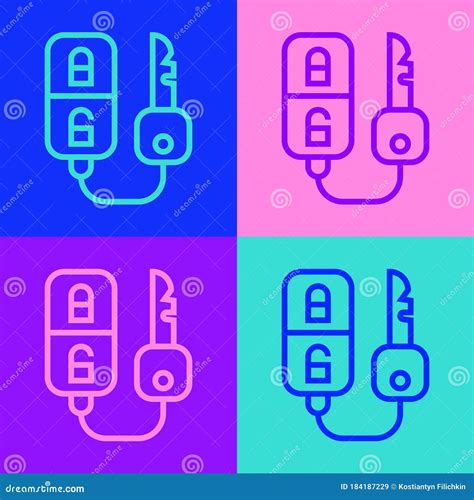 Pop Art Line Car Key With Remote Icon Isolated On Color Background Car Key And Alarm System