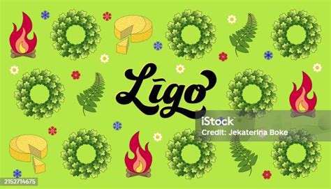 Ligo 휴일 피크닉 세트 벡터 일러스트 레이 션 Ligo Lettering 벡터 아트 오크 화 환 Ligo 치즈 화재 장소 양치류 녹색 배경 0명에 대한 스톡 벡터 아트