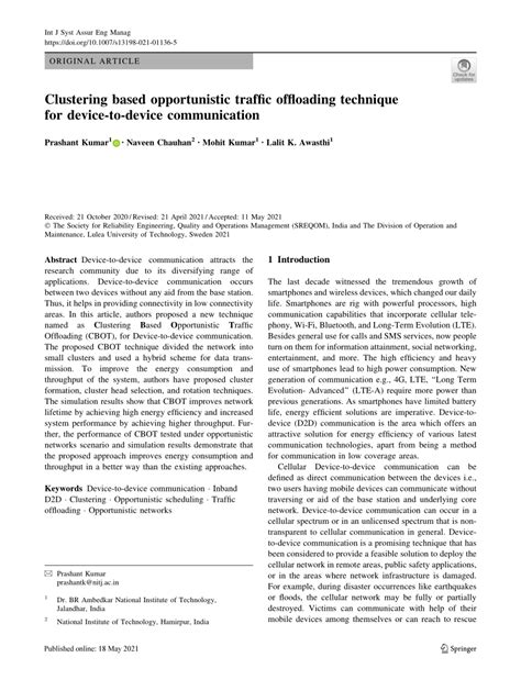 Pdf Clustering Based Opportunistic Traffic Offloading Technique For Device To Device Communication