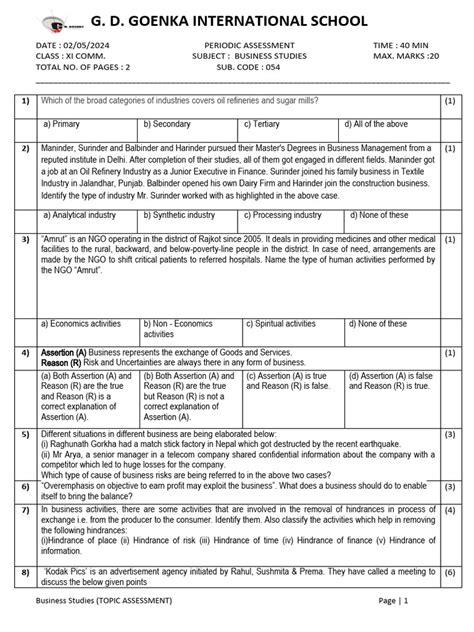 Ch 1 Class 11 Bst Test 02 05 2024 Pdf Economies Business