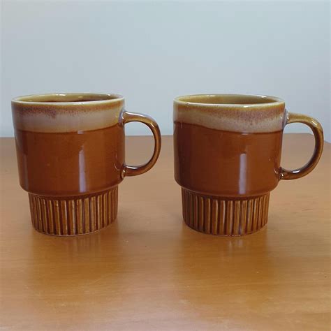 Vintage 70s Glazed Stackable Ceramic Mugs Set Of 2 Etsy