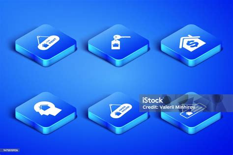 오픈 하우스 임대 구매를 꿈꾸는 남자 집 열쇠 및 달러 아이콘으로 교수형 표지판을 설정합니다 벡터 3차원 형태에 대한 스톡 벡터 아트 및 기타 이미지 Istock