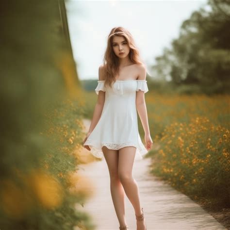 Premium Ai Image A Woman In A White Dress Is Walking Down A Path In A