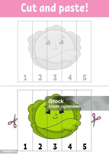 학습 번호 15 잘라 접착제 양배추 캐릭터입니다 교육 개발 워크 시트 아이들을위한 게임 활동 페이지 색상 격리 벡터 그림입니다 만화 스타일입니다 0명에 대한 스톡 벡터 아트