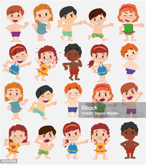 만화 캐릭터 남자와 여자는 수영복에 다른 자세 태도 포즈 다양 한 활동을 하 고 설정 합니다 벡터 일러스트 레이 션 교사 교육 관련 직업에 대한 스톡 벡터 아트 및 기타