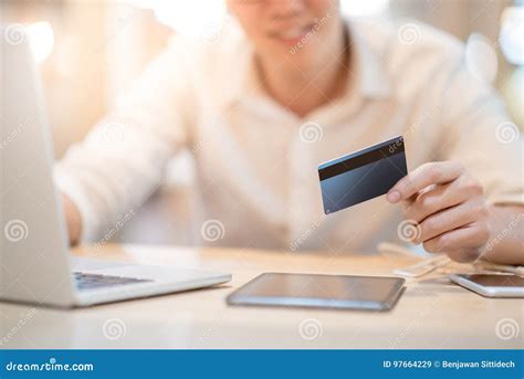 Man Using Credit Card For Online Shopping Stock Image Image Of Commerce Information