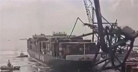 Watch Cctv Shows Moment Huge Container Ship Crashes And Topples Cranes