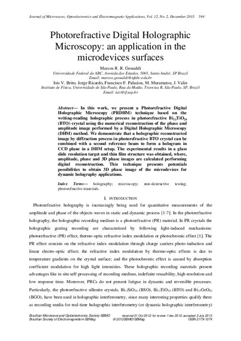 Pdf Photorefractive Digital Holographic Microscopy Applied In Microstructures Analysis