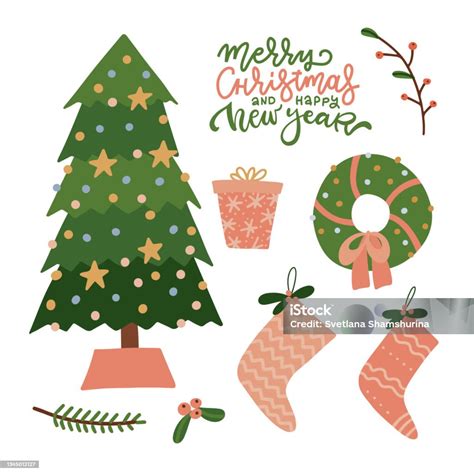 크리스마스 장식 개체 세트 새해 복 많은 컬렉션 휴일의 귀여운 요소 Xmas 나무 화환 양말과 선물 벡터 플랫 핸드 그린 일러스트레이션 12월에 대한 스톡 벡터 아트 및