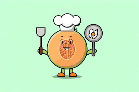 평평한 만화 스타일 삽화에서 팬과 주걱을 들고 있는 귀여운 만화 멜론 요리사 캐릭터 프리미엄 벡터