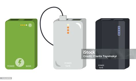 흰색 배경에 고립 된 컬러 파워 뱅크 세트입니다 만화 스타일로 충전하기 위한 다른 휴대용 보조 배터리의 벡터 그림입니다 고속 충전 스마트폰 보조 배터리에 대한 스톡 벡터
