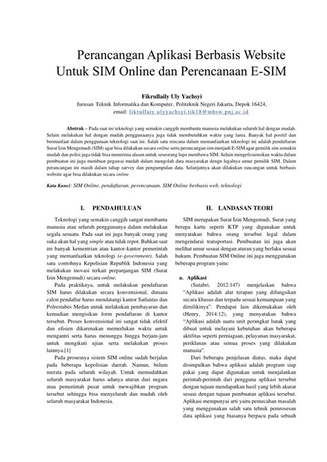 PDF Perancangan Aplikasi Berbasis Website Untuk SIM Online Dan Perencanaan E SIM