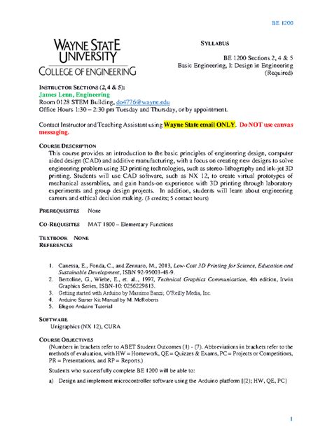 Be1200 Arduino Course Syllabus Winter Syllabus Be 1200 Sections 2 4 And 5 Basic Engineering I