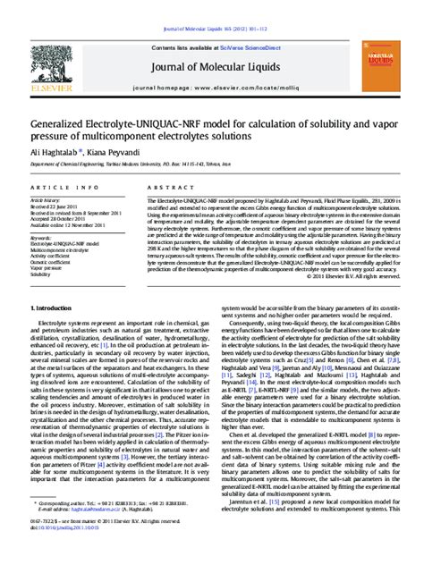 Pdf Generalized Electrolyte Uniquac Nrf Model For Calculation Of