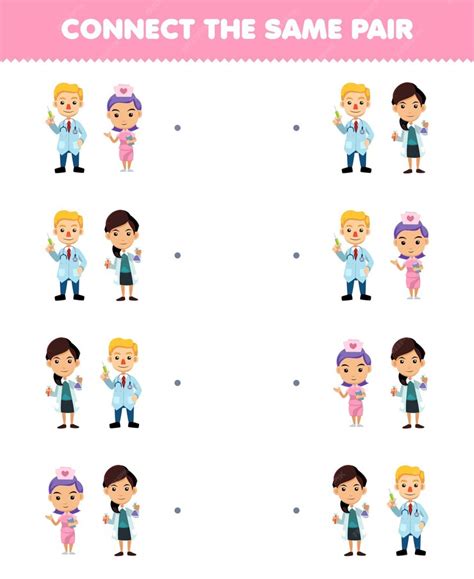 어린이를 위한 교육 게임은 귀여운 만화 의사와 간호사 쌍 인쇄 가능한 직업 워크시트의 동일한 그림을 연결합니다 프리미엄 벡터