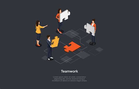 쓰기와 어두운 배경에 등색 3d 벡터 그림 만화 구성 사무실 팀워크 공생 개념 다른 퍼즐 요소를 유지 서 있는 사람들 인포그래픽 요소 팀워크에 대한 스톡 벡터 아트 및 기타