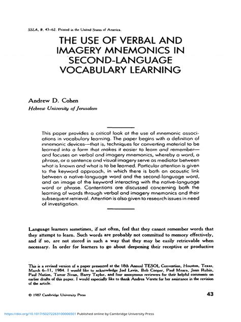 The Use Of Verbal And Imagery Mnemonics In Second Language Vocabulary Learning Pdf Mnemonic