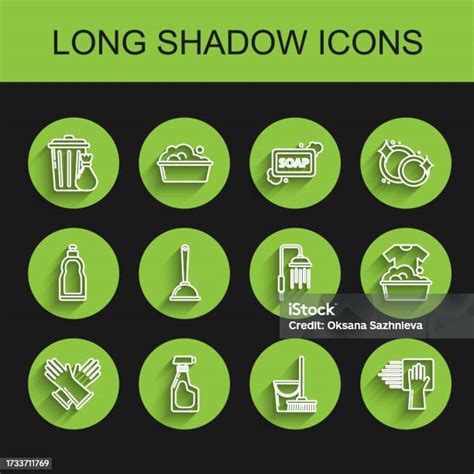 세트 라인 고무 장갑 쓰레기통 및 쓰레기 봉투 걸레 양동이 서비스 화장실 플런저 플라스틱 세면대 비누 비눗물 및 샤워 헤드 물방울 흐르는 아이콘 벡터 가정 생활에 대한 스톡