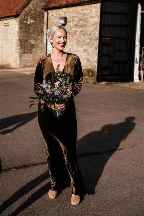 Bride In Olive Green Velvet Wedding Dress