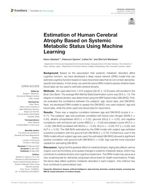 Pdf Estimation Of Human Cerebral Atrophy Based On Systemic Metabolic Status Using Machine Learning