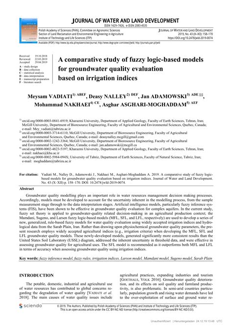 PDF A Comparative Study Of Fuzzy Logic Based Models For Groundwater Quality Evaluation Based