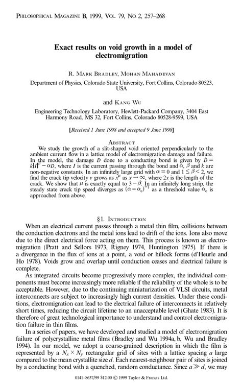 Pdf Exact Results On Void Growth In A Model Of Electromigration