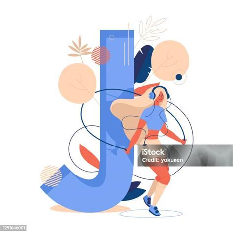 여자는 나뭇잎과 기하학적 모양으로 장식 된 큰 문자 J 앞에서 점프 밧줄로 점프 파란색과 선명한 오렌지 색의 건강한 라이프 스타일에 대한 스포츠 컨셉 일러스트 가공의 인물에