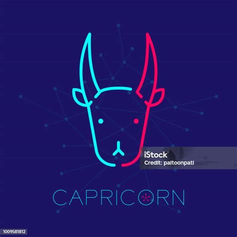 염소 자리 조디악 별자리 로고 아이콘 개요 스트로크 설정 염소 자리 텍스트와 복사 공간와 어두운 파란색 배경에 격리는 대시 선 디자인 일러스트 레이 션 0명에 대한 스톡