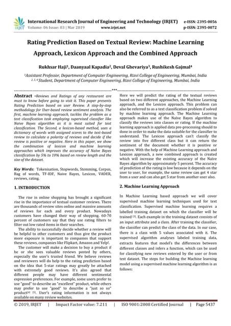Irjet Rating Prediction Based On Textual Review Machine Learning Approach Lexicon Approach