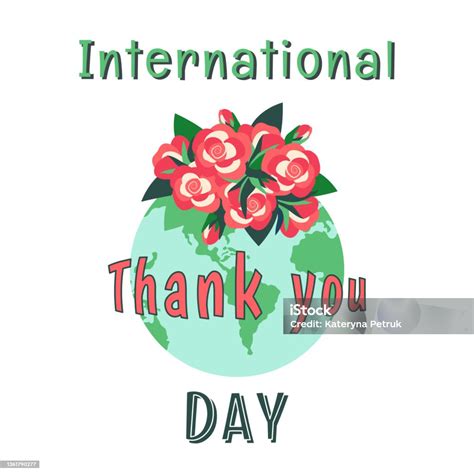 국제 감사의 날 글로브 꽃 레터링과 인사말 카드 국제 휴일 개념으로 지구의 배경 엽서 배너 포스터 디자인 만화 스타일의 벡터