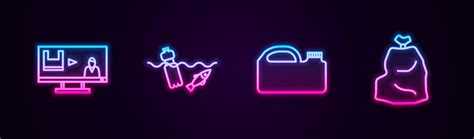 라인 설정 플라스틱 오염 해양 문제 기계유 용기 및 쓰레기 봉투를 중지하십시오 빛나는 네온 아이콘입니다 벡터 0명에 대한 스톡 벡터 아트 및 기타 이미지 Istock