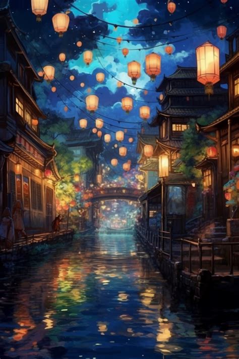 江南水乡夜景风插画图片 包图网