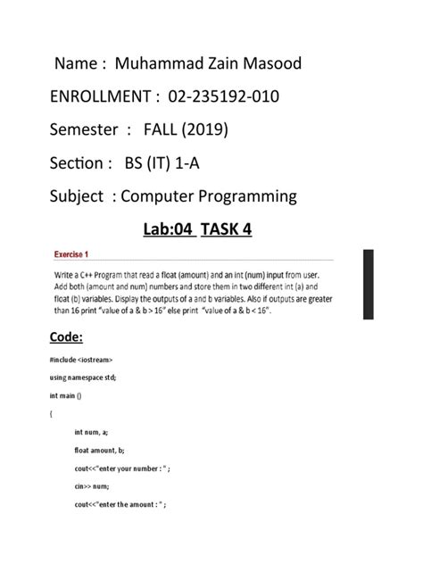 Muhammad Zain Masood Lab 4 Tasks Pdf Notation Computer Programming