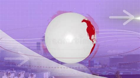 Animation Of Rotating Globe And Arrows With Lens Flare Over Modern City Against Sky Stock