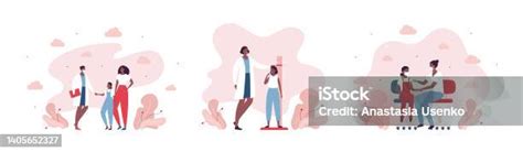 의사 및 환자 소아과 의사 건강 관리 개념 벡터 플랫 피플 일러스트 레이 션 세트 여성 아프리카 계 미국인 어머니 딸 및 간호사 캐릭터 높이 측정 회의 및 백신 촬영